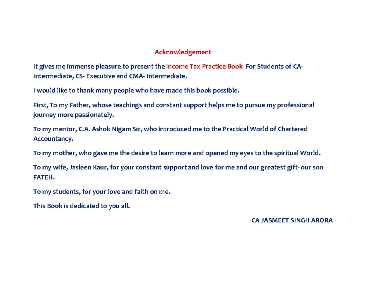 Income Tax Summary Book by CA Jasmeet Singh Sir - Acknowledgement It ...