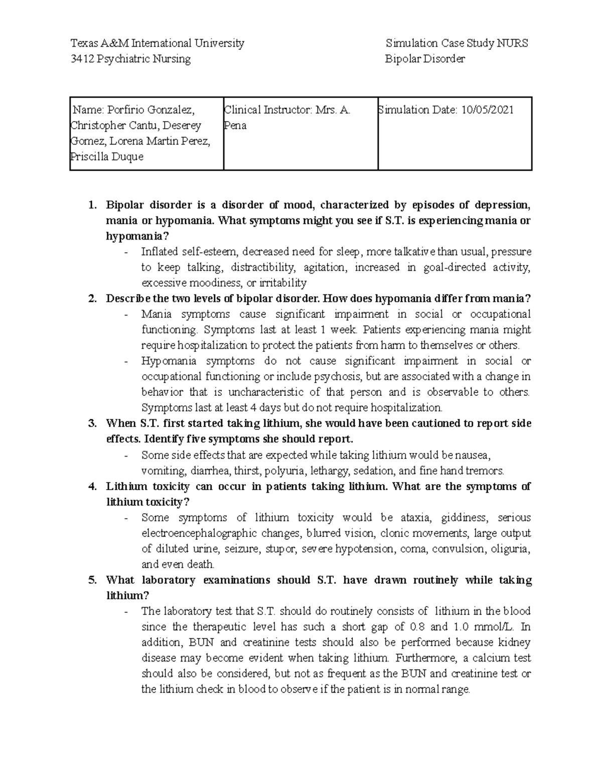Bipolar case study psych - 3412 Psychiatric Nursing Bipolar Disorder ...