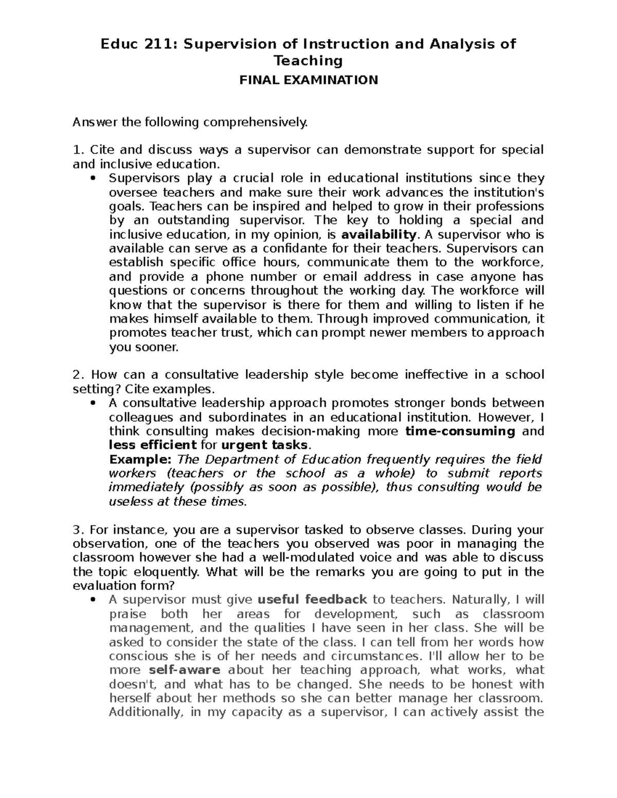 EDUC 211 Final EXAM - Feniza, Apple Mae S - Educ 211: Supervision of Instruction and Analysis of ...