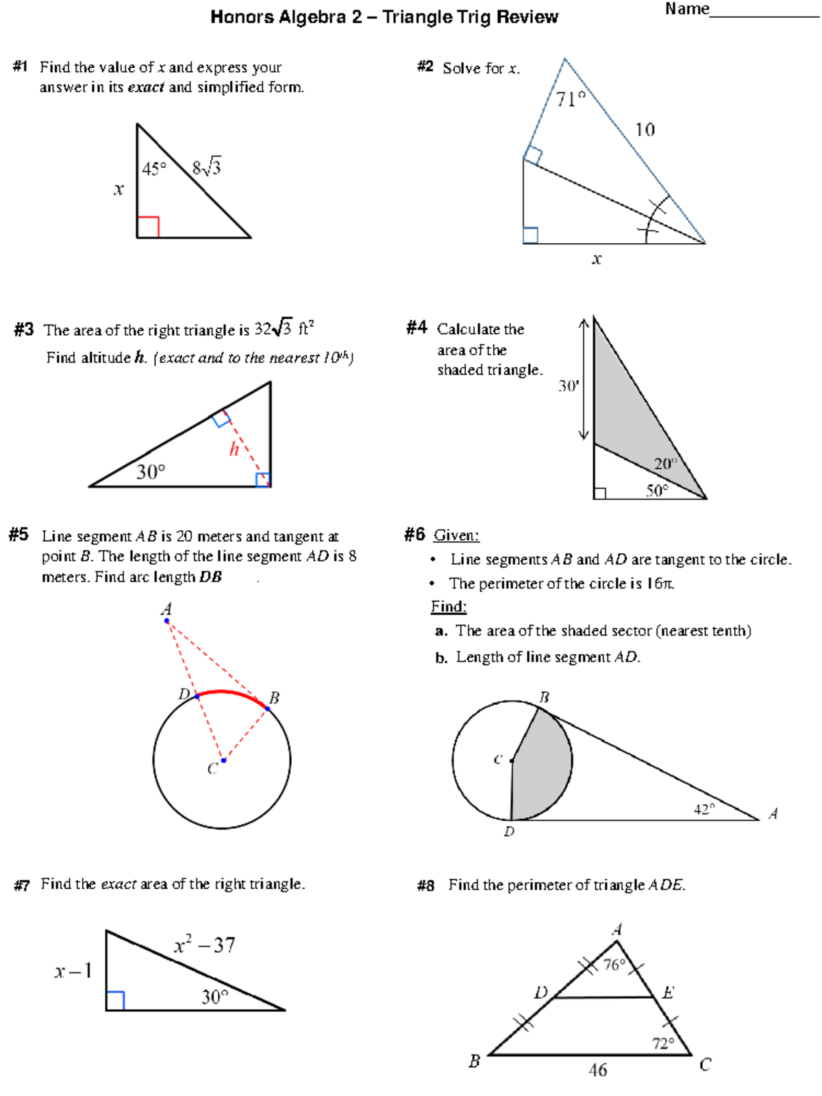 Trig Review Worksheet - Calculate the area of the shaded triangle ...