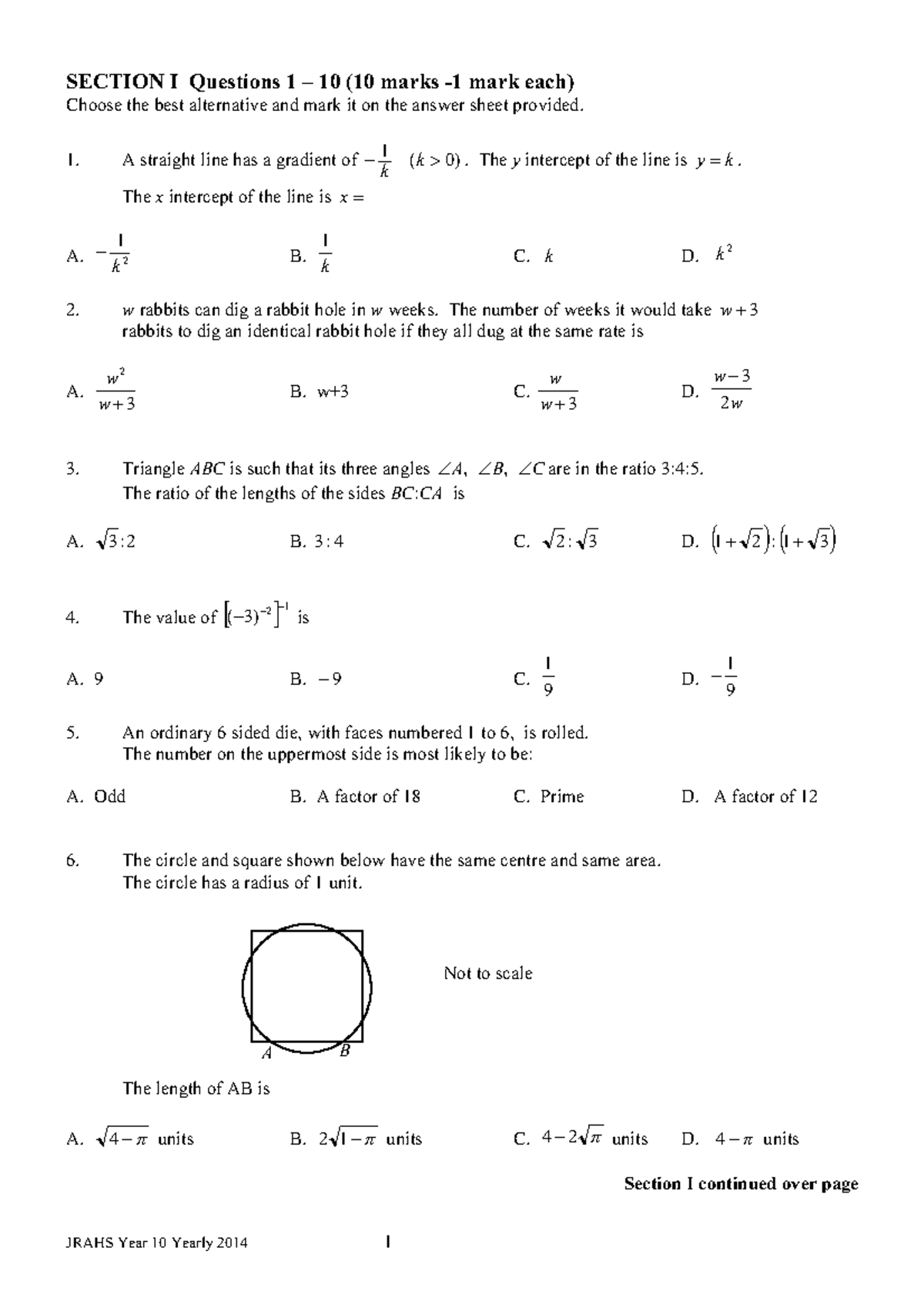 James Ruse 2014 Year 10 Maths Yearly & Solutions - JRAHS Year 10 Yearly 2014 1 SECTION I ...