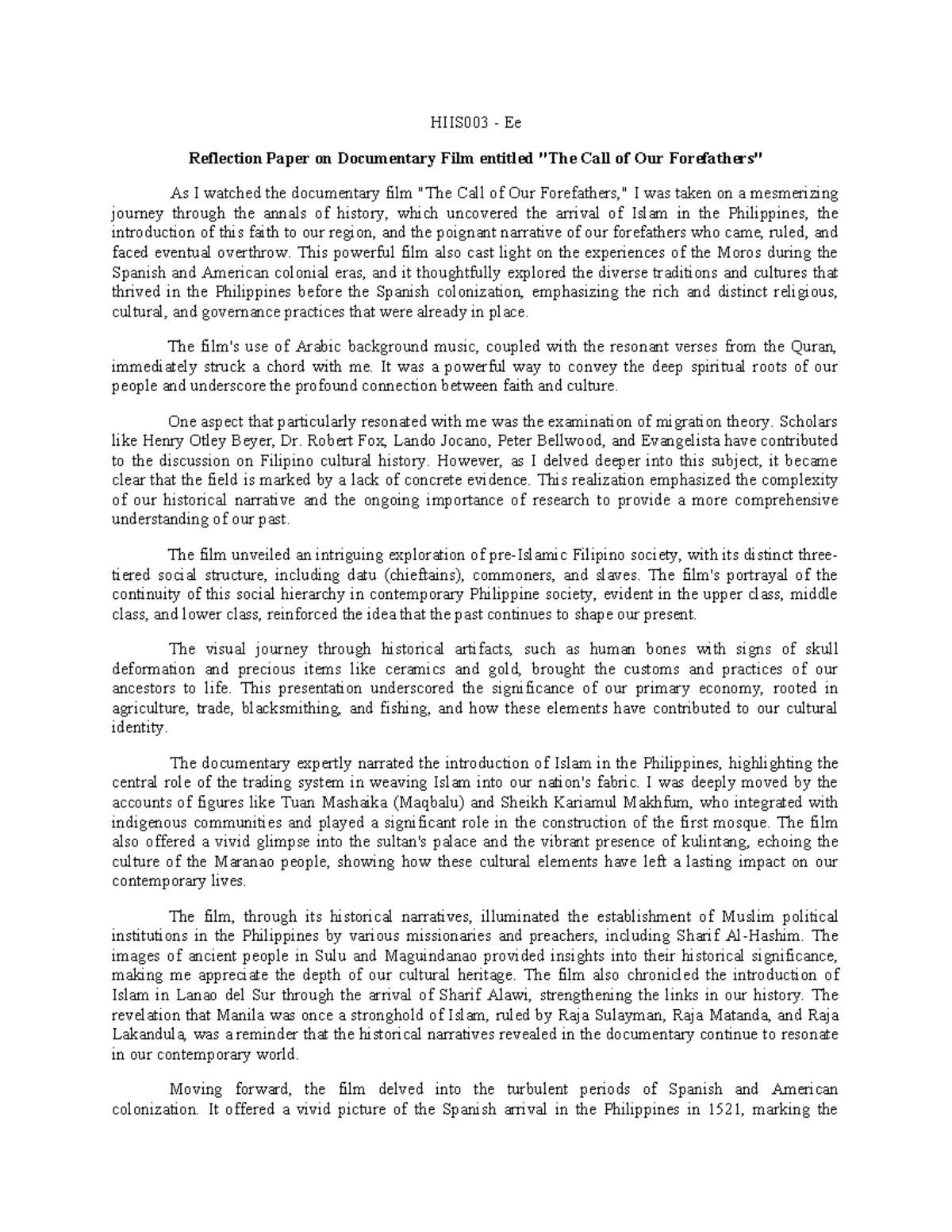 Reflection Paper on Documentary Film entitled The Call of Our ...