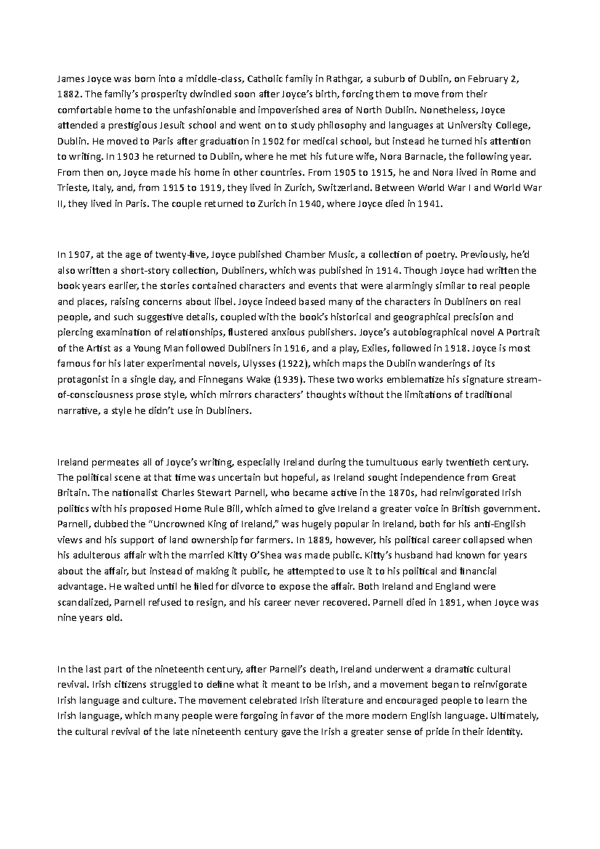 Joyce, life and works - James Joyce was born into a middle-class ...