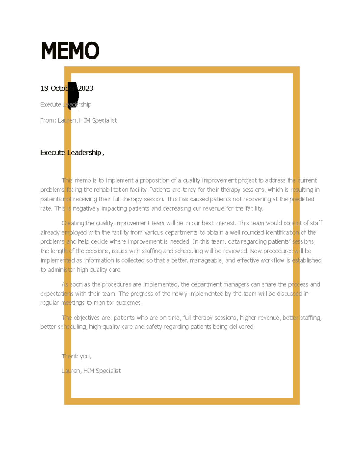 C815 - Memo for Task Two - About HIM and Compliance - MEMO 18 October ...