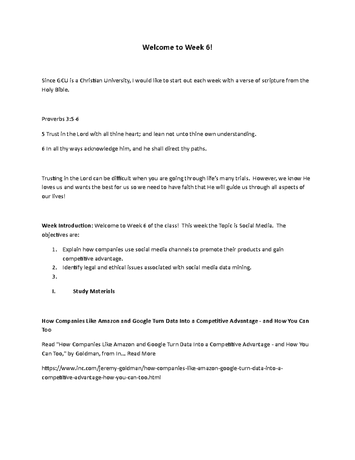 BIT200-Welcome to Week 6 - Welcome to Week 6! Since GCU is a Christian ...