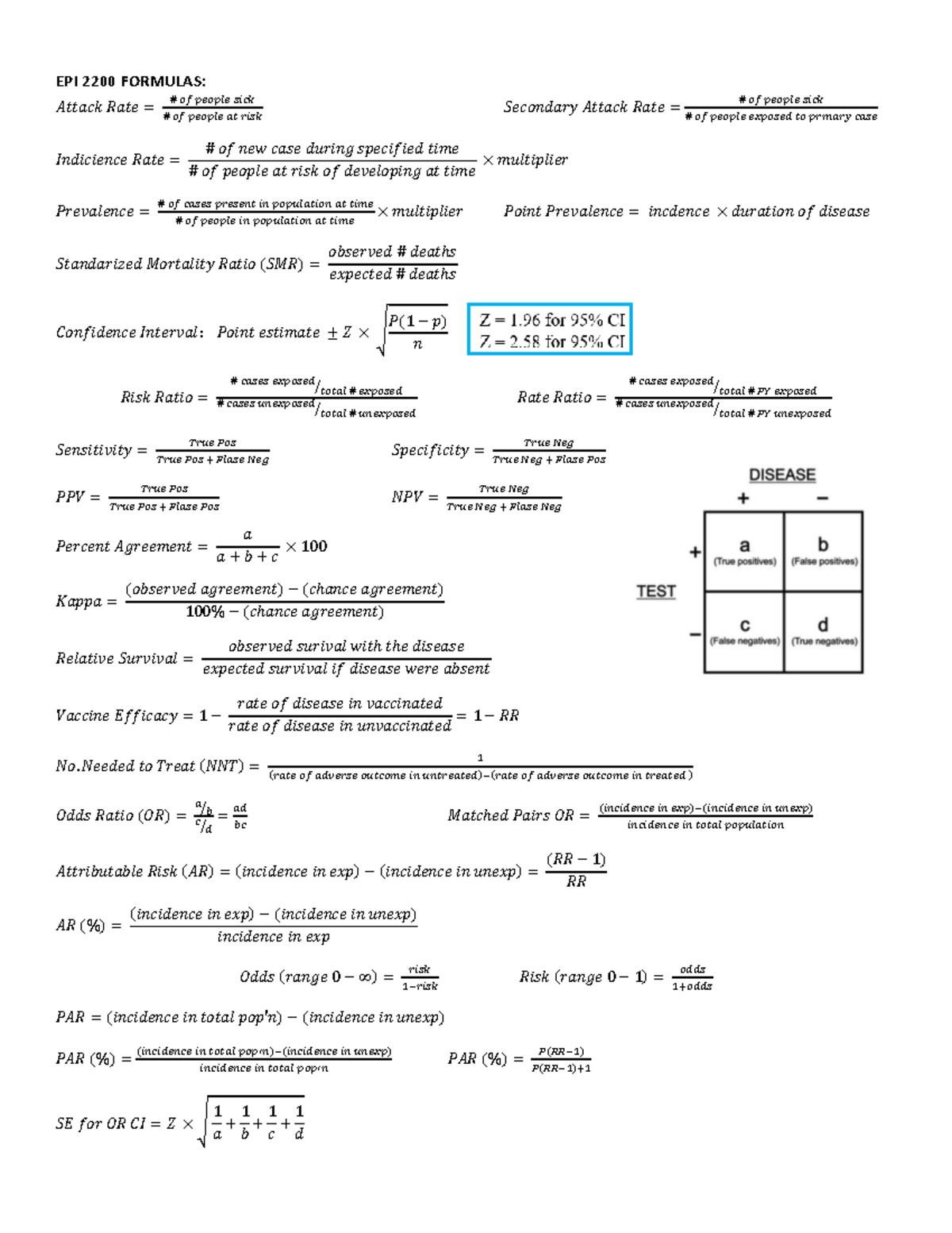 Epid 2200 - Textbook Notes - EPI 2200 FORMULAS: 𝐴𝑡𝑡𝑎𝑐𝑘 𝑅𝑎𝑡𝑒 = 𝑜𝑓 𝑝𝑒𝑜𝑝𝑙𝑒 ...