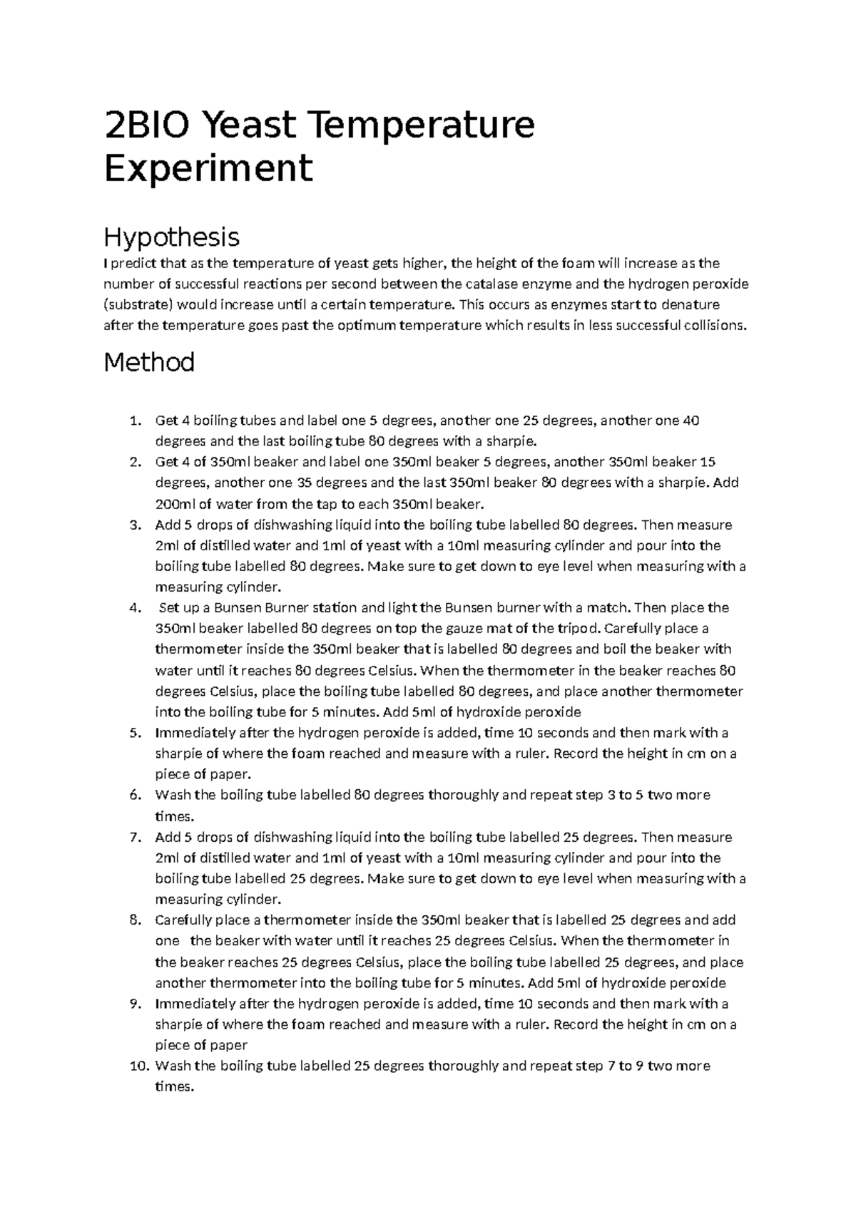 2BIO Practical - 2BIO Yeast Temperature Experiment Hypothesis I predict ...