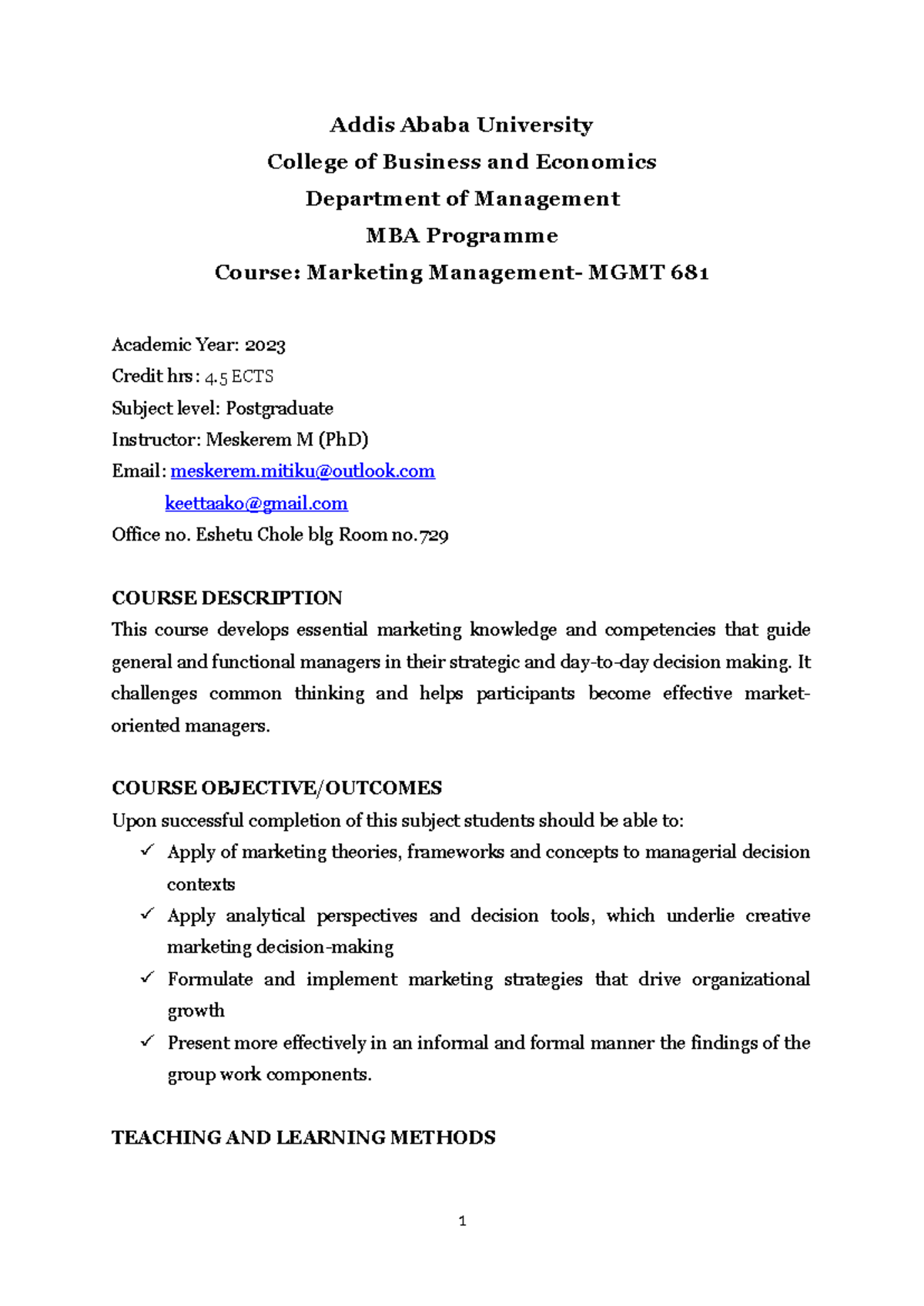 Course Outline Marketing Management - Addis Ababa University College of Business and Economics ...