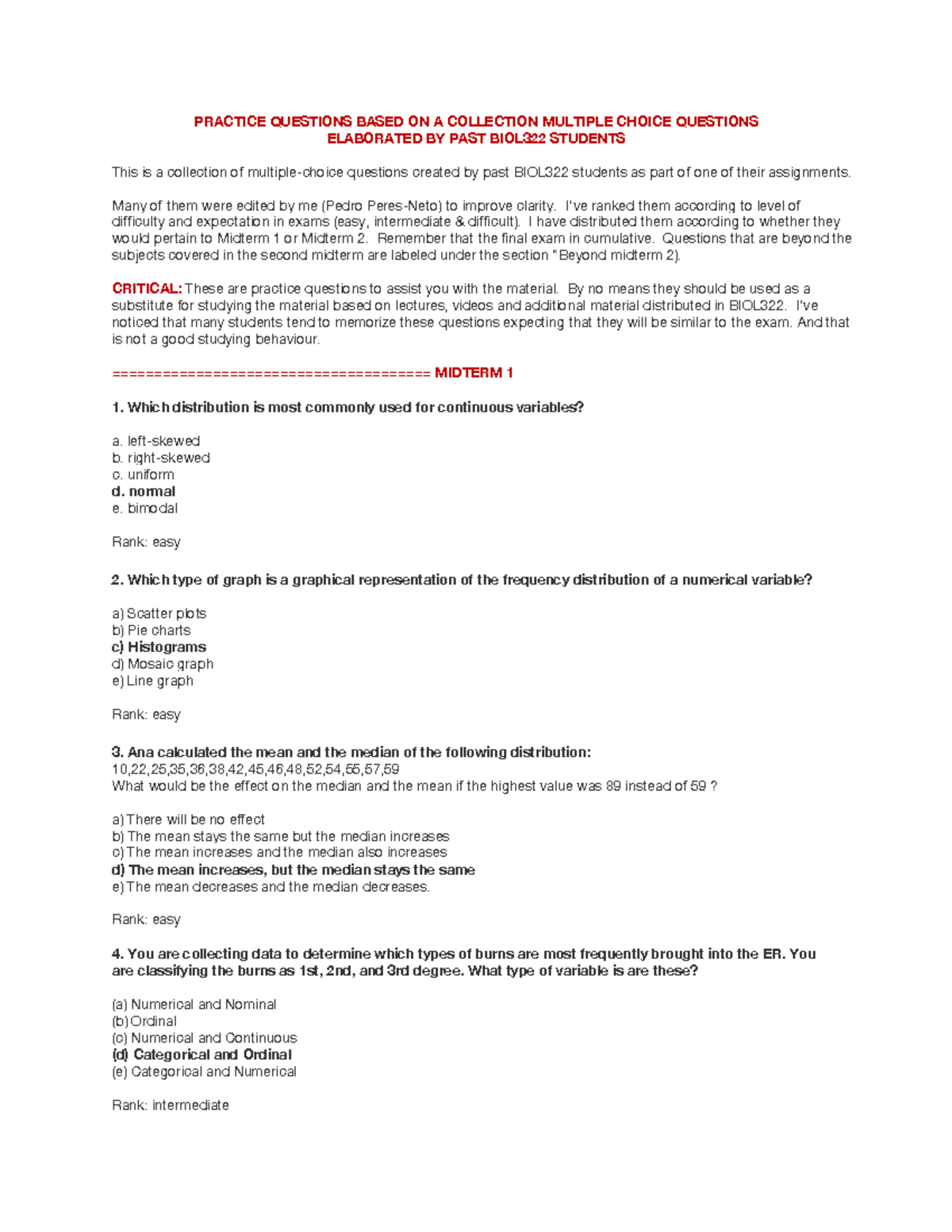 BIOL322 student MCQ distributed with answers - PRACTICE QUESTIONS BASED ...
