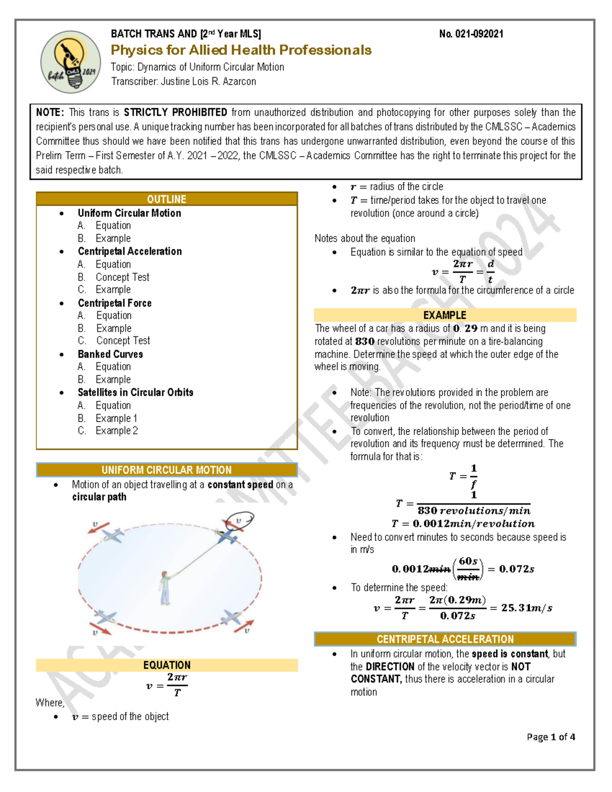 4 Uniform Circular Motion - BATCH TRANS AND [ 2 nd Year MLS] No. 0 21 - 092021 Physics for ...