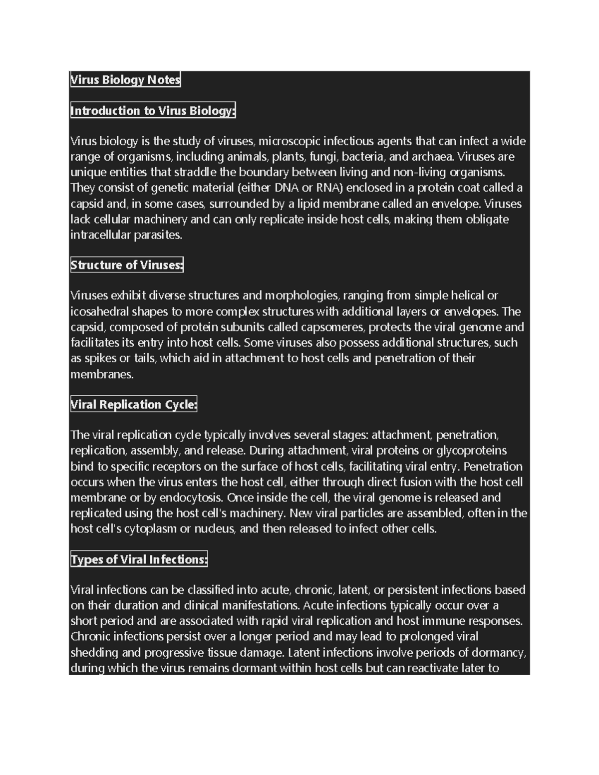 Virus Biology Notes (CH) - Virus Biology Notes Introduction to Virus ...