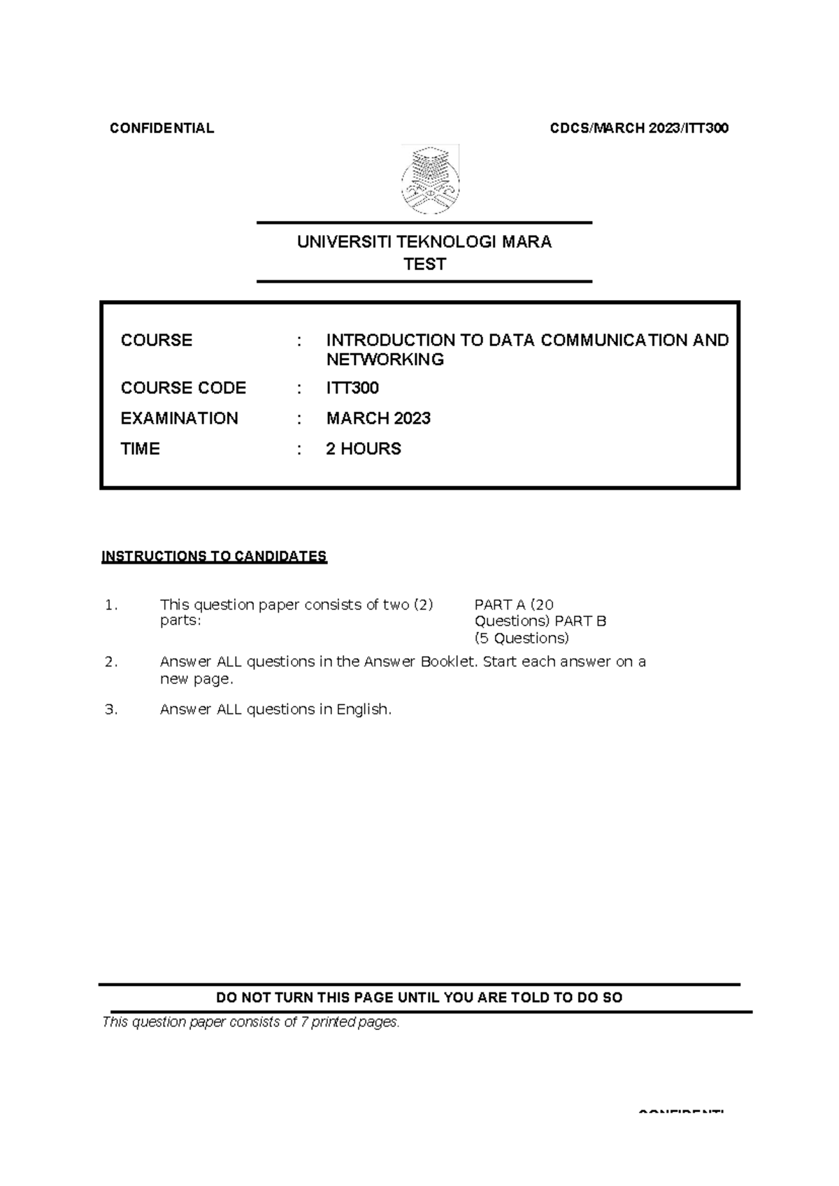 TEST ITT300 March 2023 - UNIVERSITI TEKNOLOGI MARA TEST COURSE ...