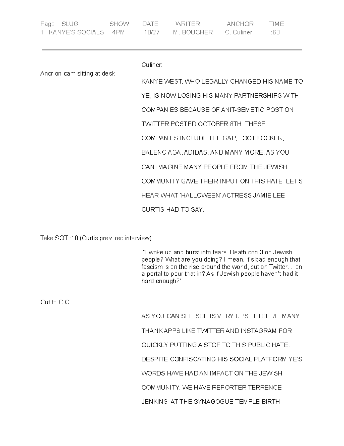 News script - 1 KANYE’S SOCIALS 4PM 10/27 M. BOUCHER C. Culiner ...