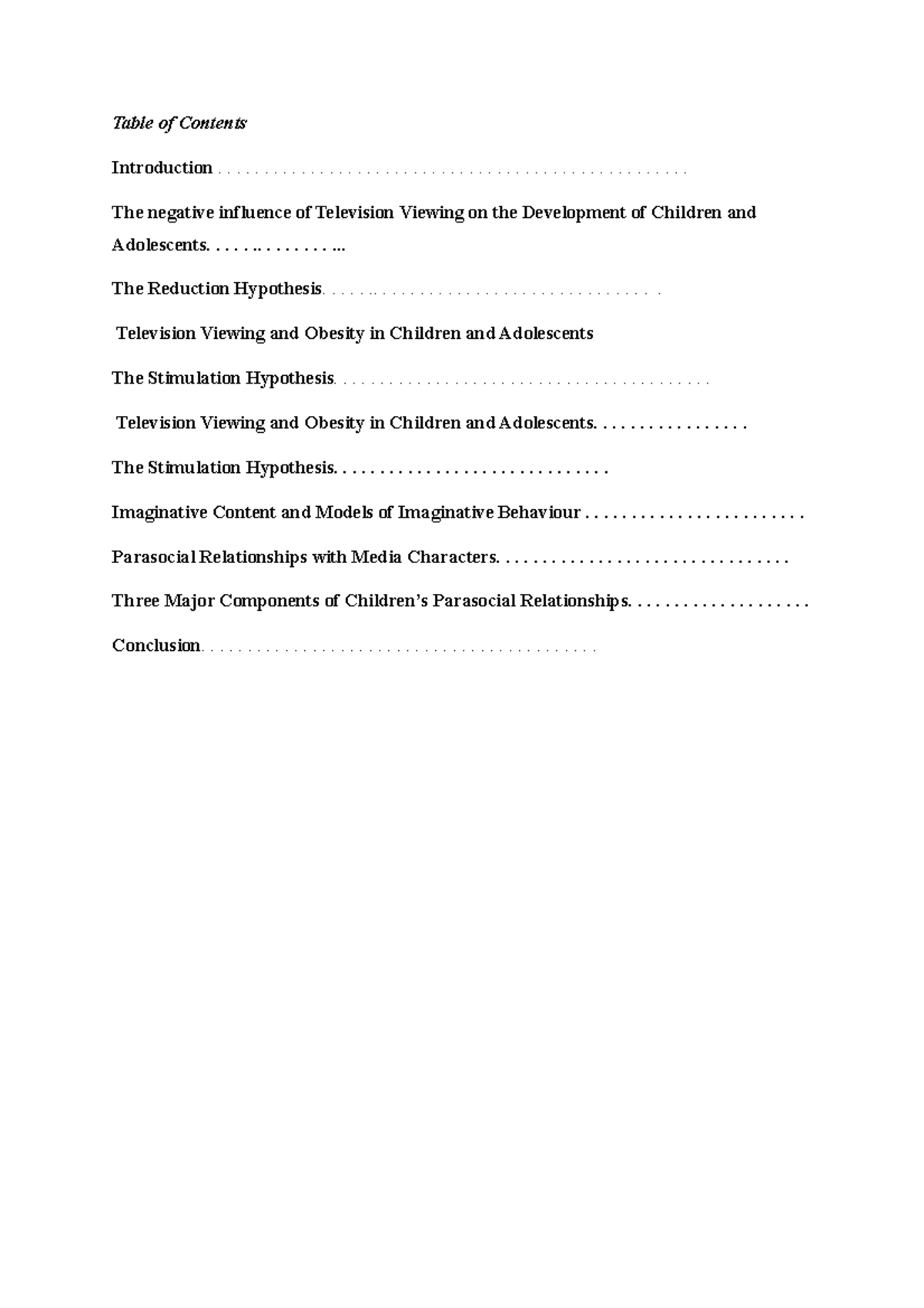 Child Development Assignment - Table of Contents - Studocu