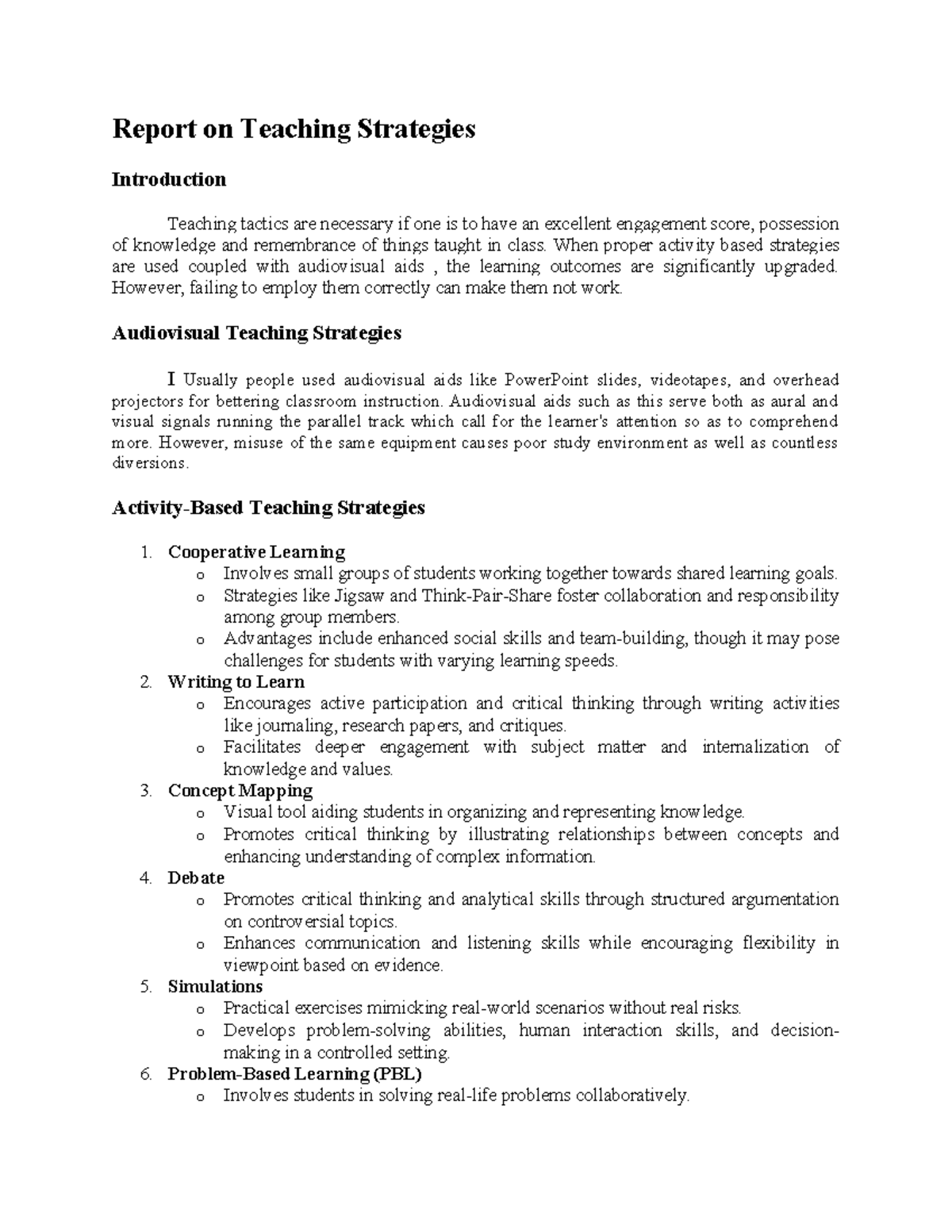 Document-2 - wddwfe3w4 - Report on Teaching Strategies Introduction ...