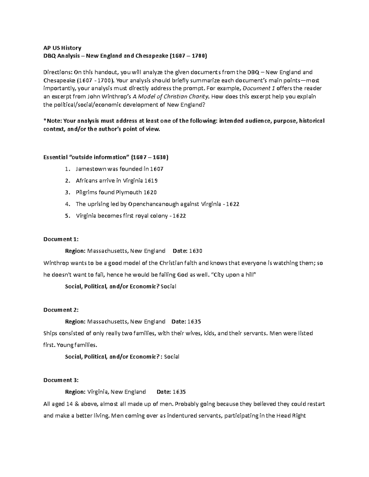 Copy of DBQ Analysis - New England and Chesapeake - AP US History DBQ ...