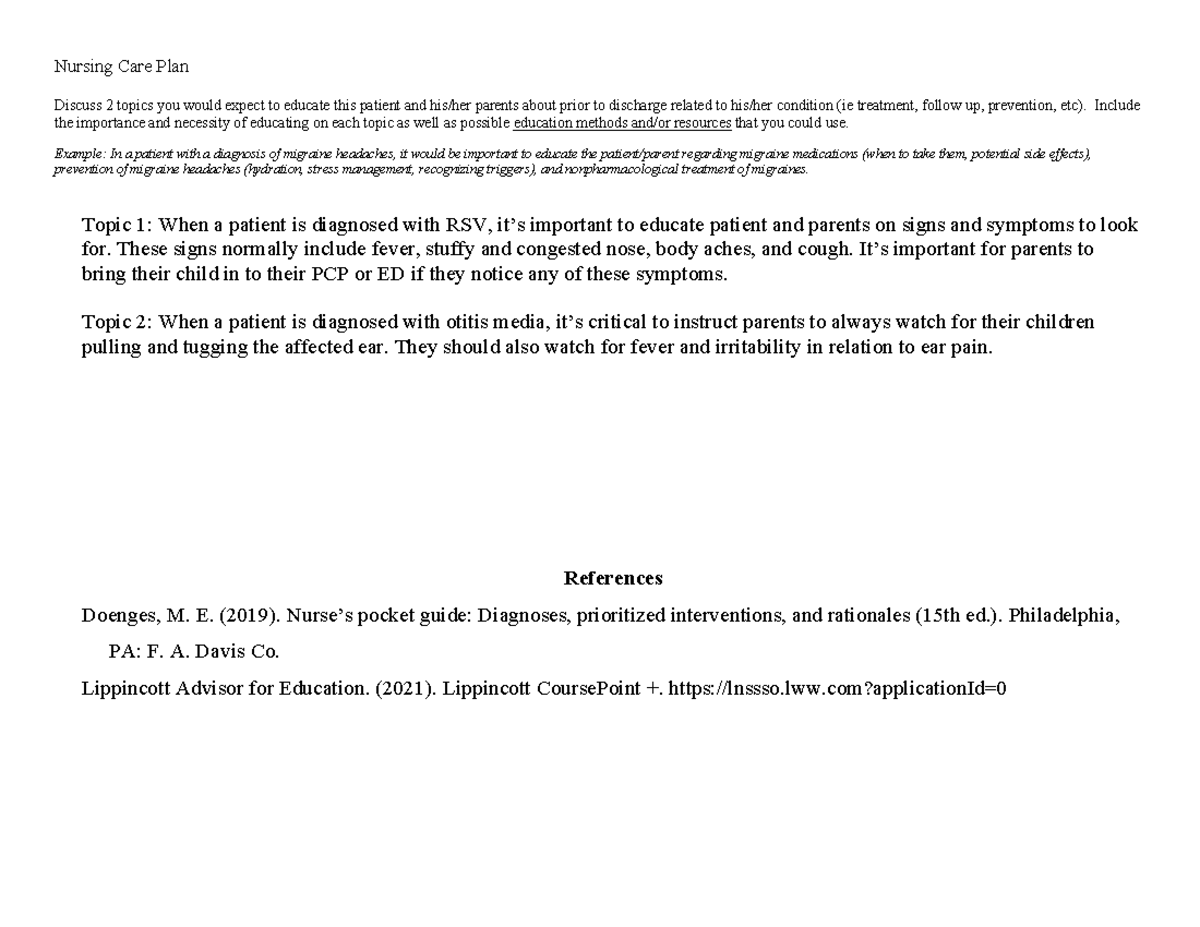 Peds CP 5 - Peds Care Plan part 5 - Nursing Care Plan Discuss 2 topics ...