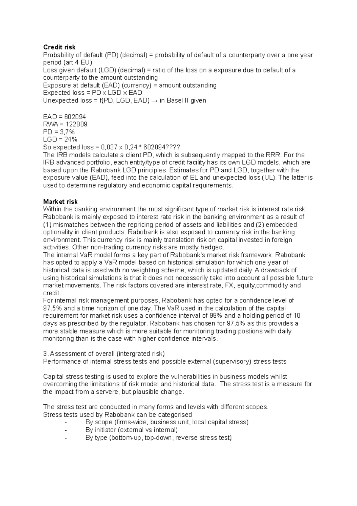 Assignment RMB - CET1 ratio/ liquidity / stress testing - Credit risk ...