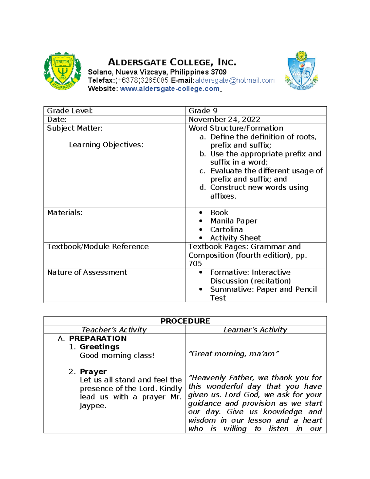 Lesson PLAN - ALDERSGATE COLLEGE, INC. Solano, Nueva Vizcaya ...