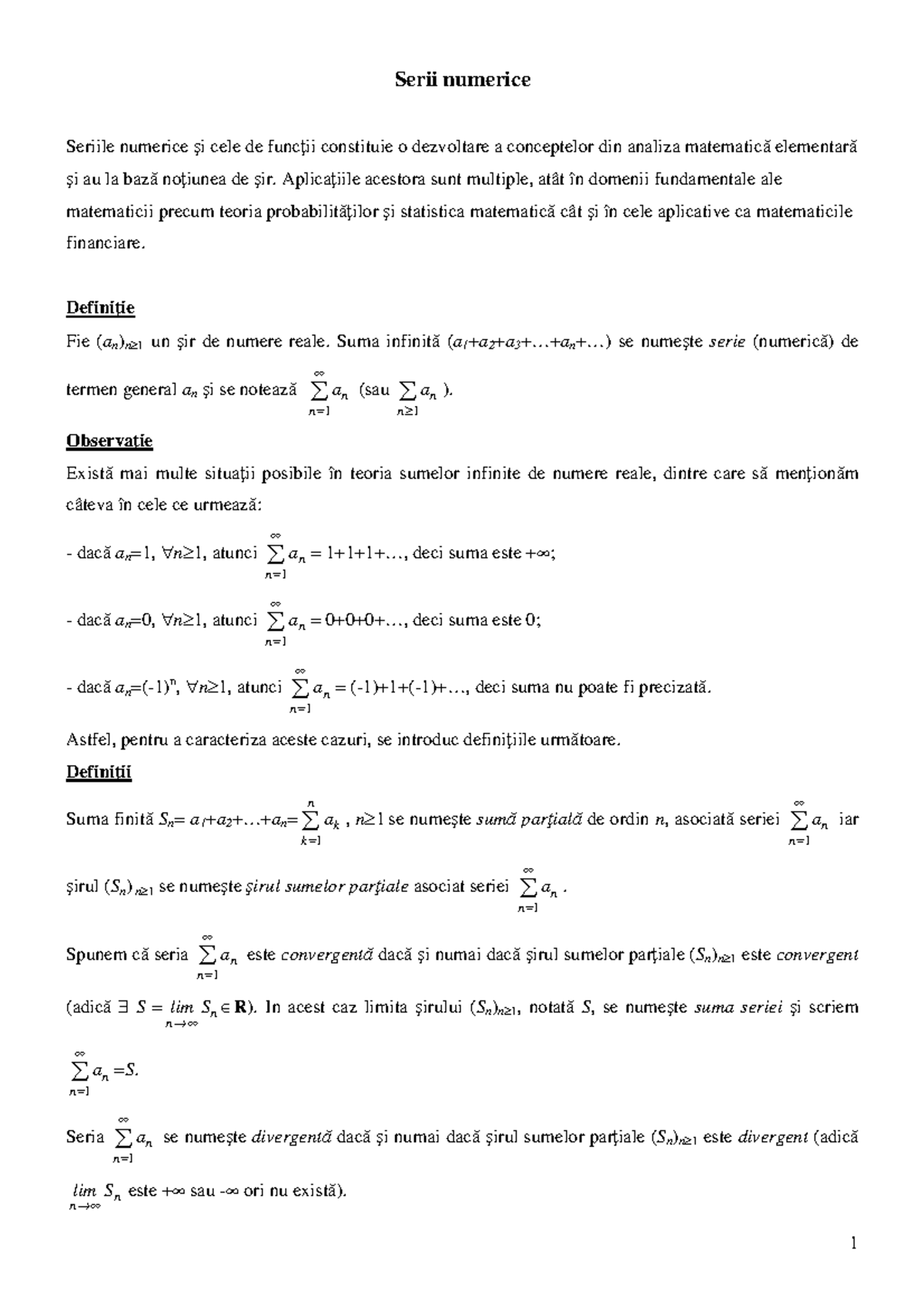 Curs 1 - Microeconomie - Serii numerice Seriile numerice i cele de func ii constituie o ...