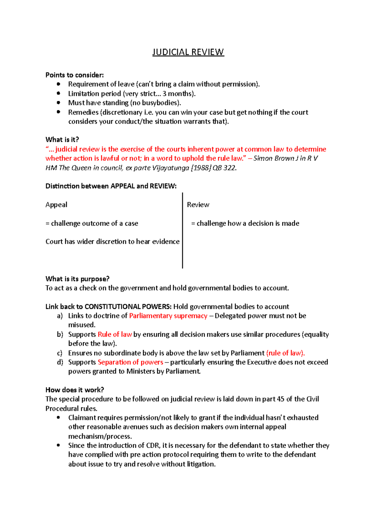 Judicial Review Summary sheet - JUDICIAL REVIEW Points to consider ...