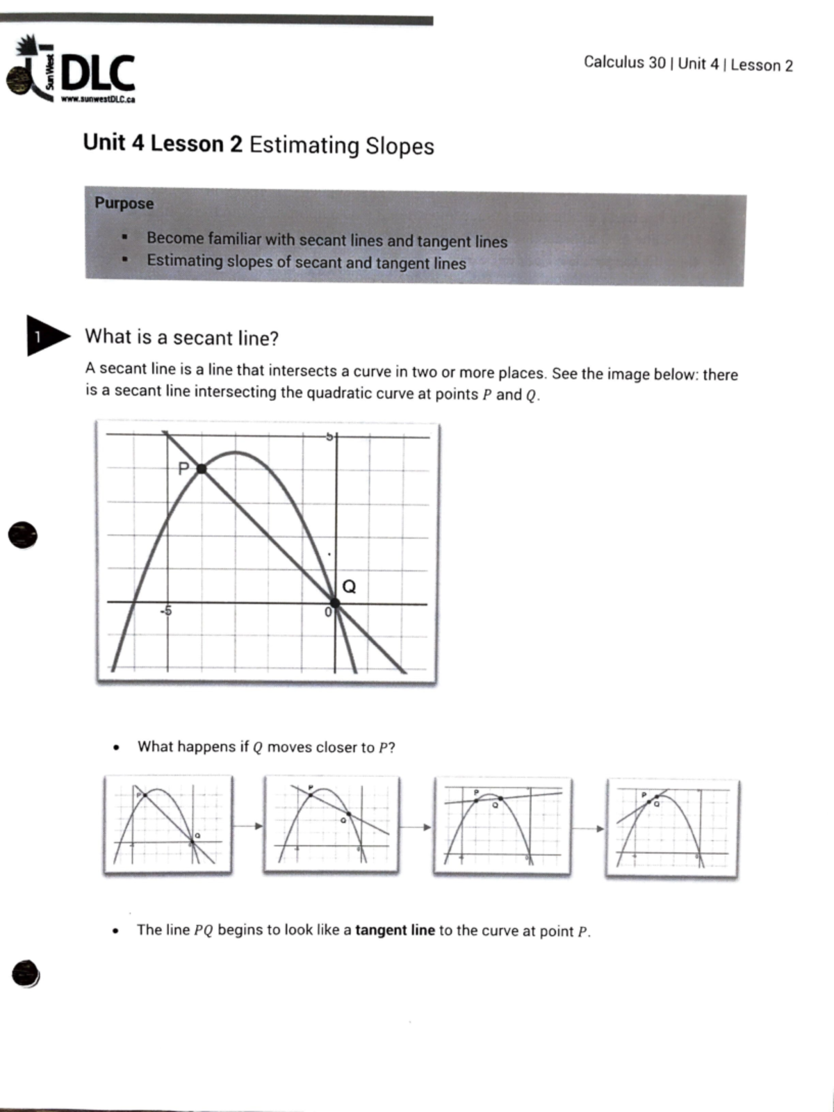 Calculus 30 estimating slopes - Calculus 30 I Unit 4 I Lesson 2 Unit 4 ...