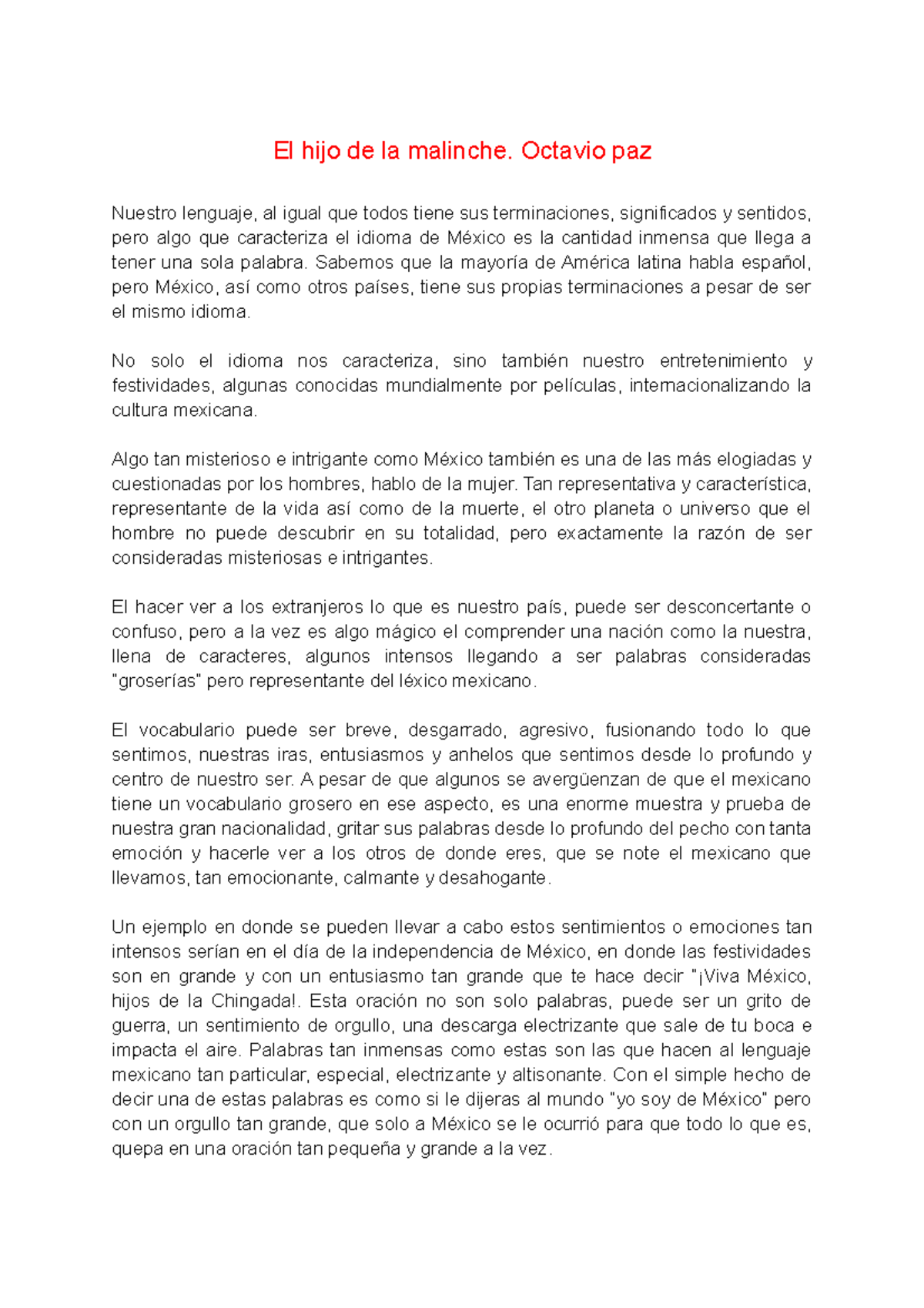 Ensayo literario. Act 14. Lectura y redacción - El hijo de la malinche. Octavio paz Nuestro ...