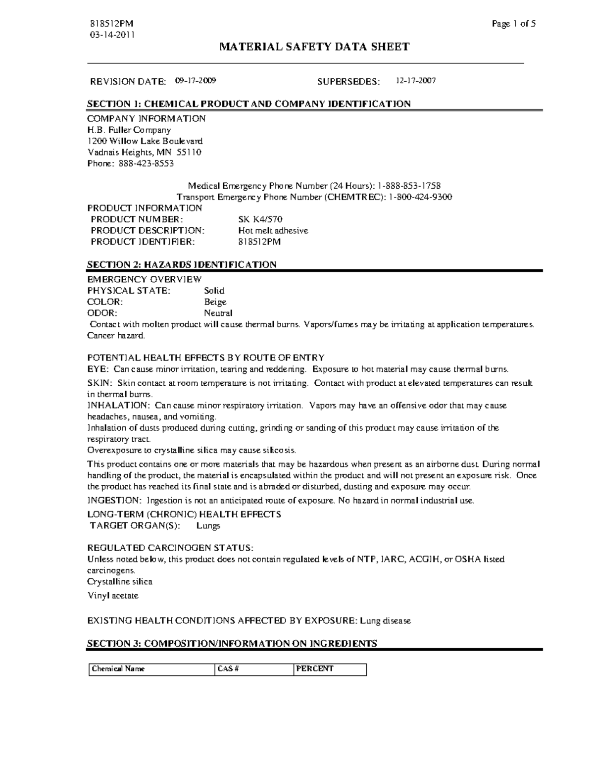 Hot melt core glue SK K4-570 LD Banding Core - 03-14- MATERIAL SAFETY ...