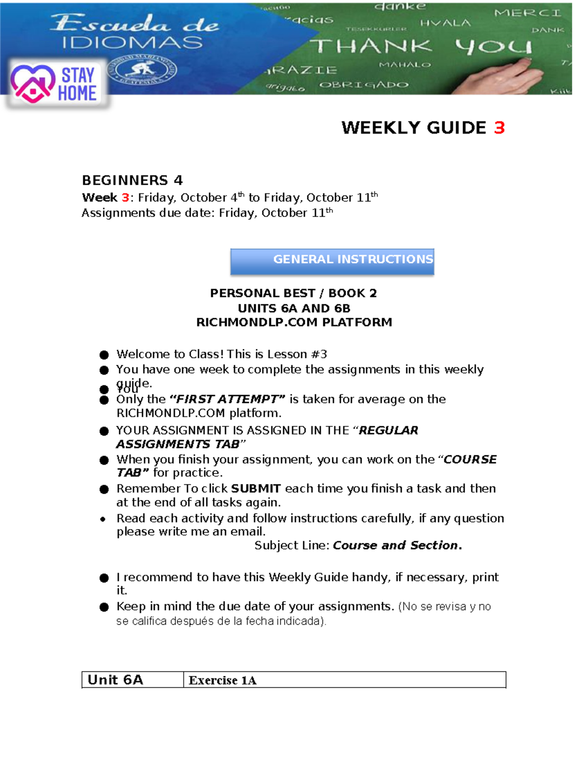 Weekly Learning Guide 6A 6B - WEEKLY GUIDE 3 BEGINNERS 4 Week 3 ...