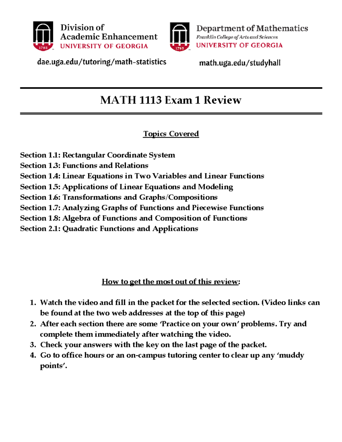 Math 1113 Exam 1 Review - MATH 1113 Exam 1 Review Topics Covered ...
