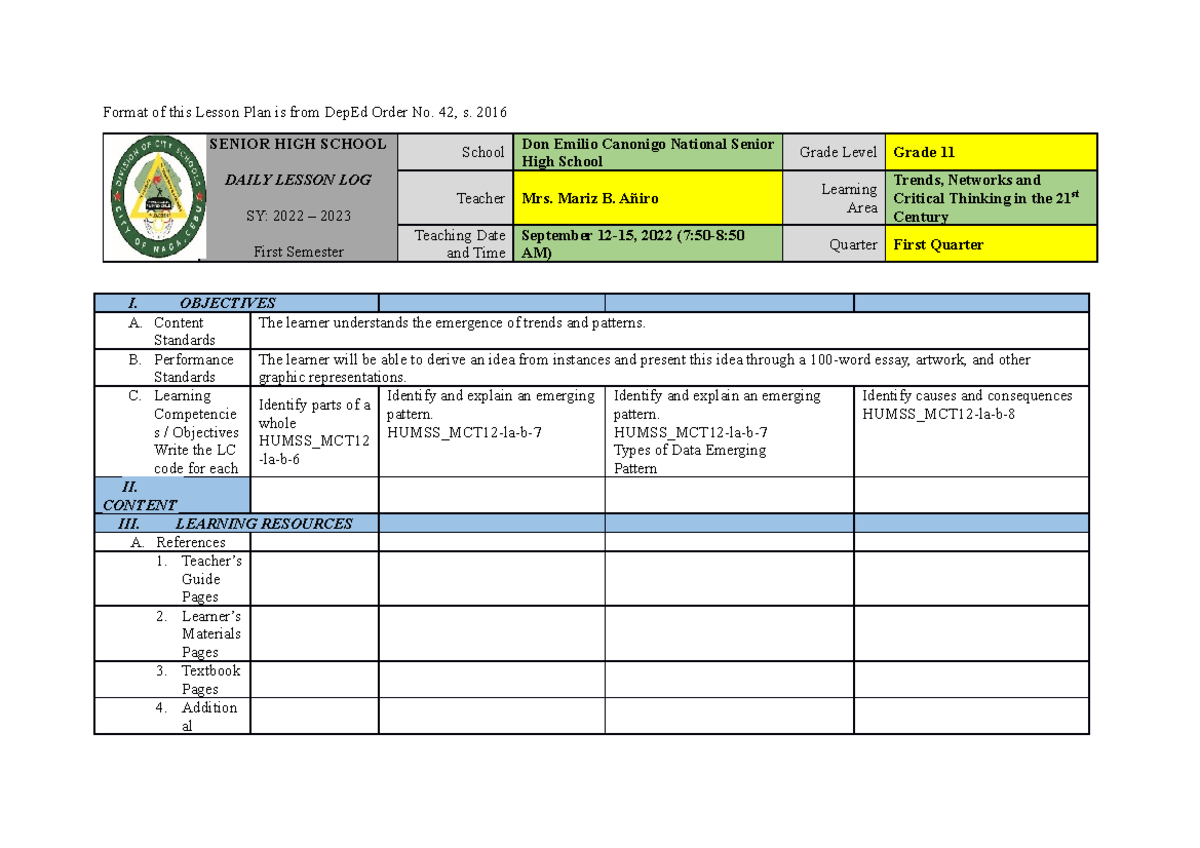 DLL - Lesson log - Format of this Lesson Plan is from DepEd Order No ...