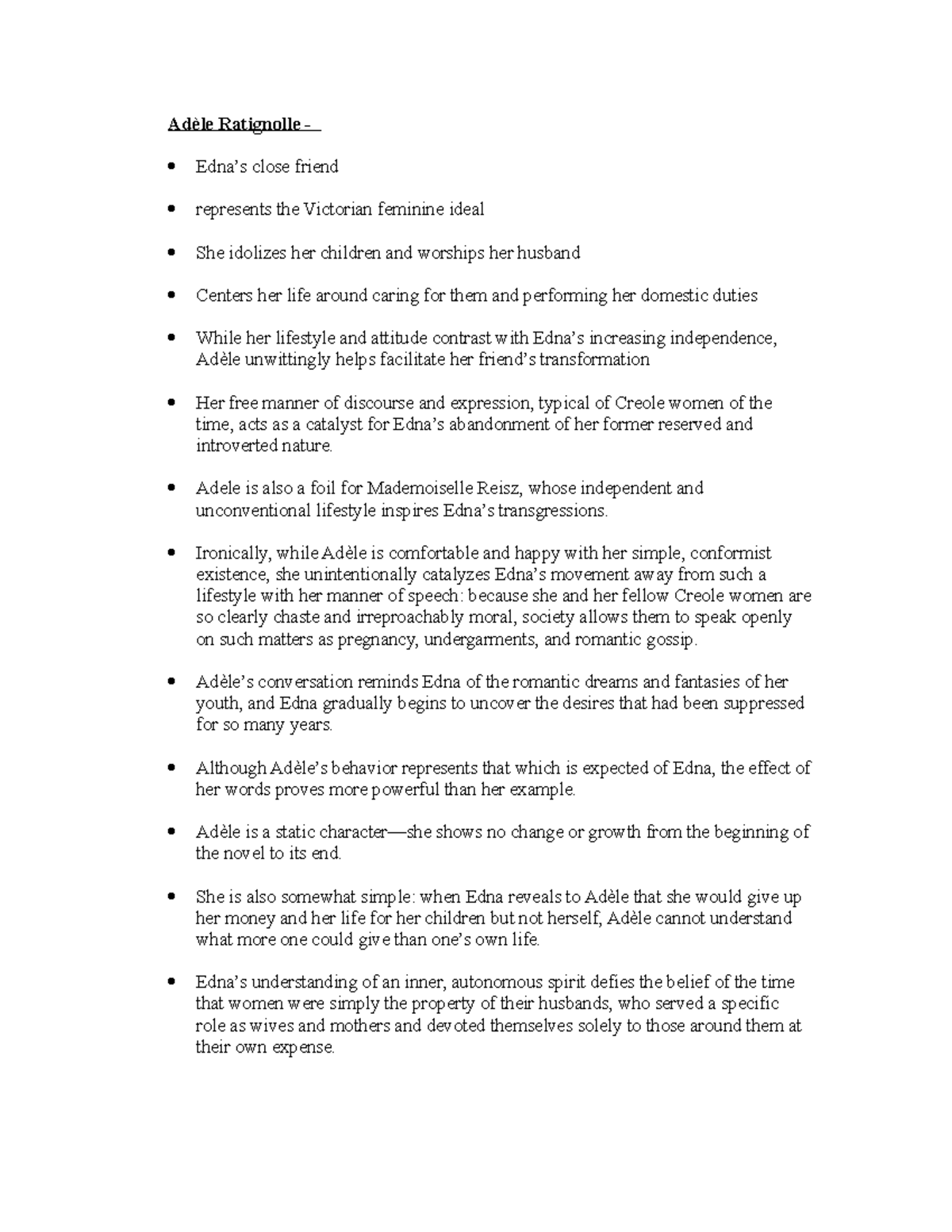 The awakening Character Notes - Adèle Ratignolle - Edna’s close friend ...