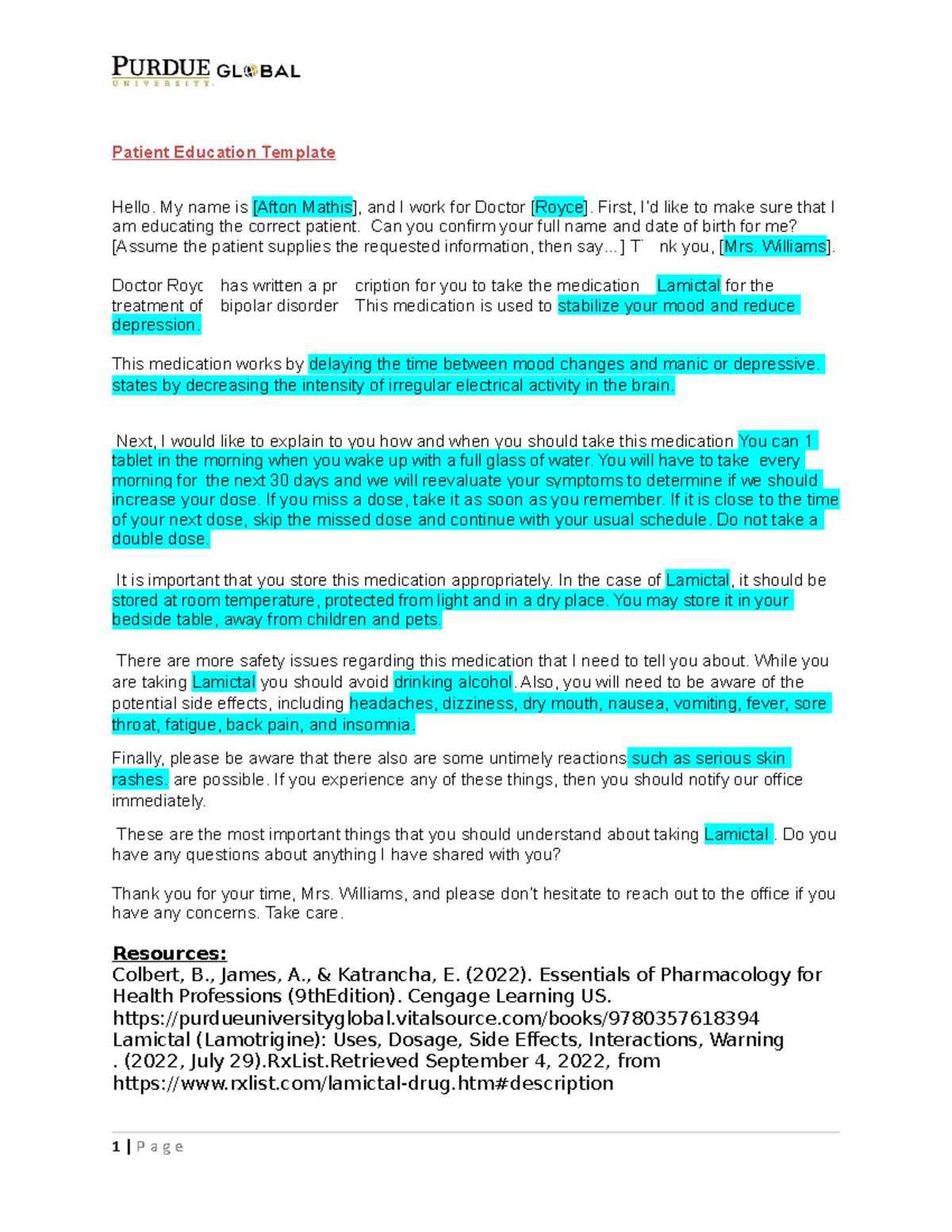 Mathis Afton HS140 Unit 9 Assignment - Patient Education Template Hello ...