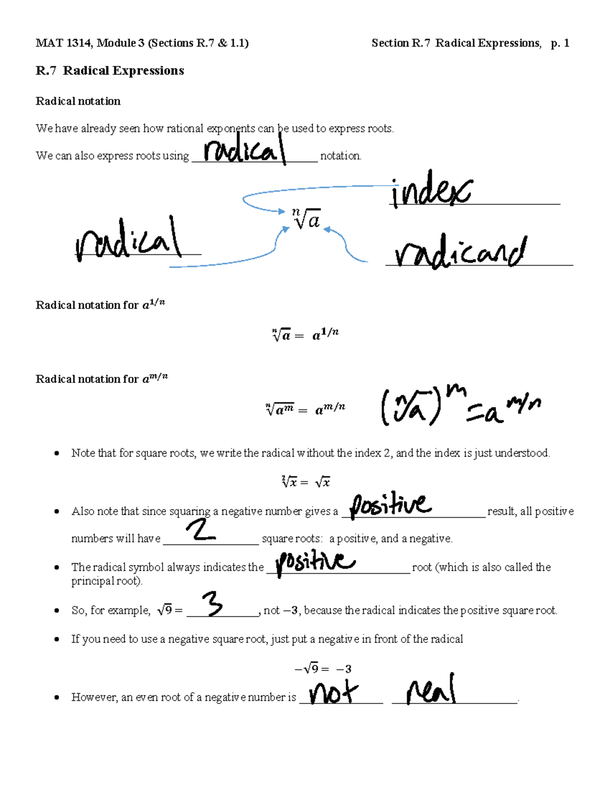 College Algebra Section R.7 - R Radical Expressions Radical notation We ...