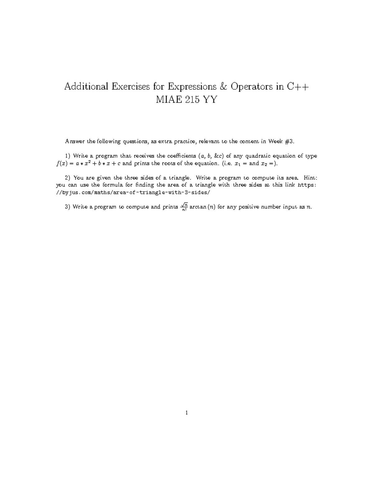 Week 3 Extra - Additional Exercises for Expressions & Operators in C++ ...