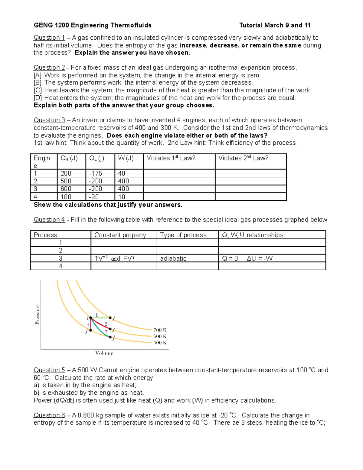 GENG 1200 Tutorial 7 Monday - GENG 1200 Engineering Thermofluids ...