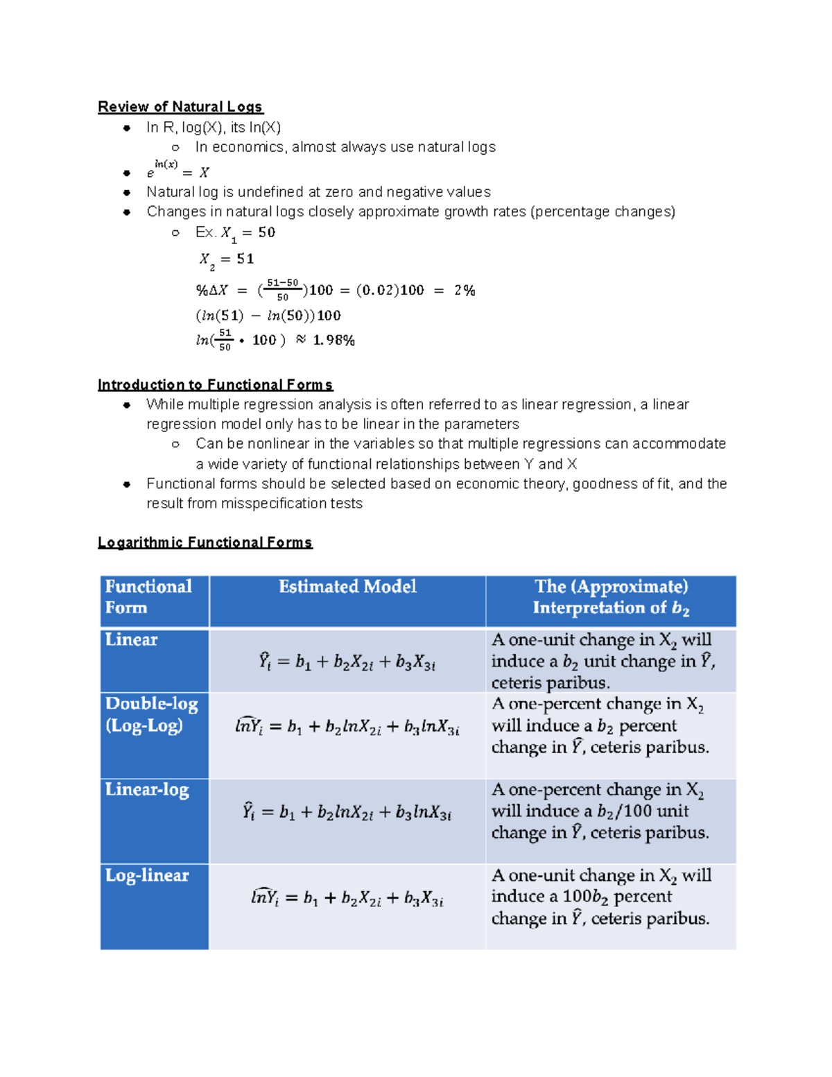 ECN102 Lecture Multiple Regressions - Functional Forms - Review of Natural Logs In R, log(X ...