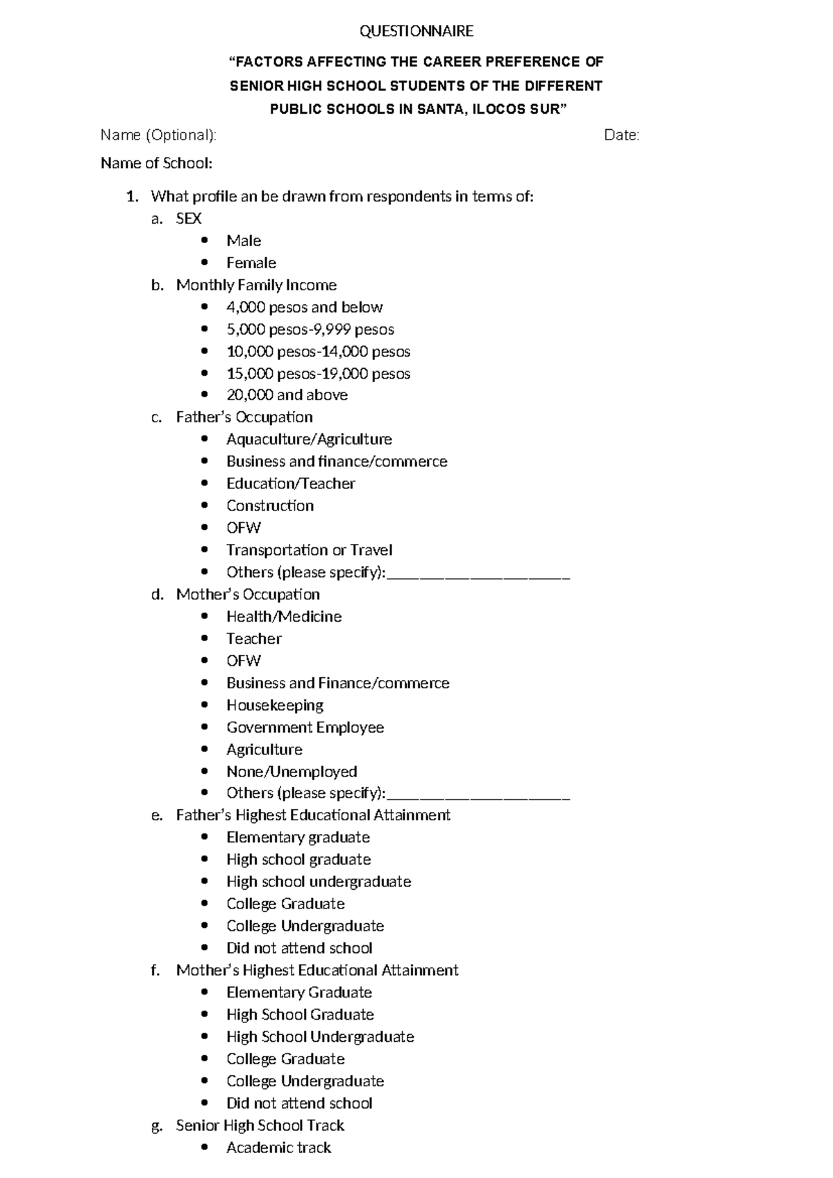 Questionnaire-III - QUESTIONNAIRE “FACTORS AFFECTING THE CAREER ...
