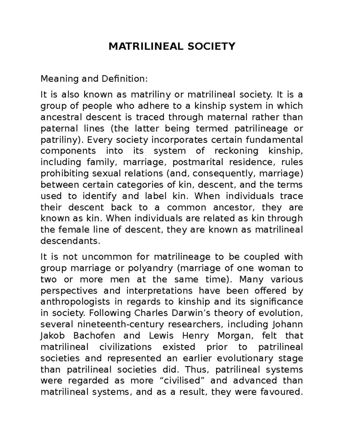 Matrilineal Society - Lecture notes 2 - MATRILINEAL SOCIETY Meaning and ...