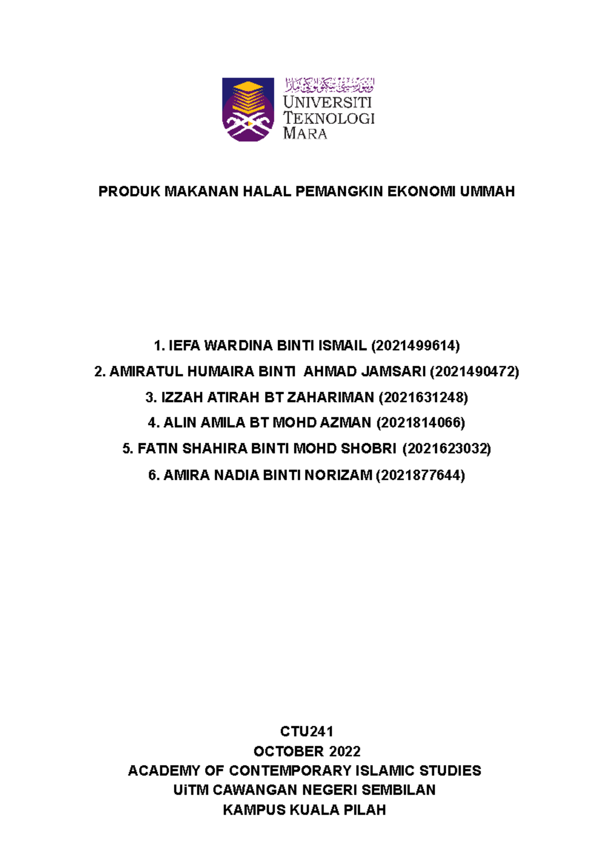 Kertas Kerja CTU 241 - PRODUK MAKANAN HALAL PEMANGKIN EKONOMI UMMAH 1 ...