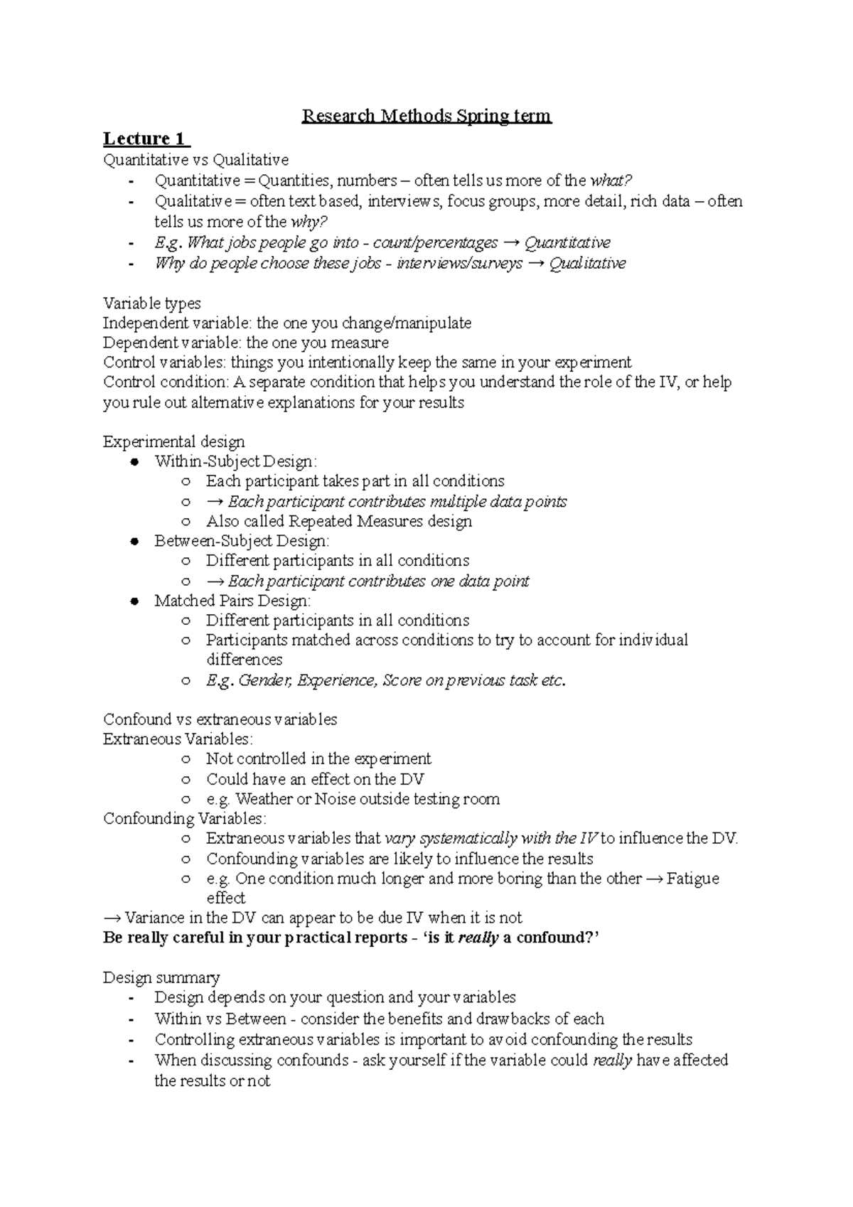 Rm Spring Term Lecture Notes 1 8 Research Methods Spring Term Lecture 1 Quantitative Vs