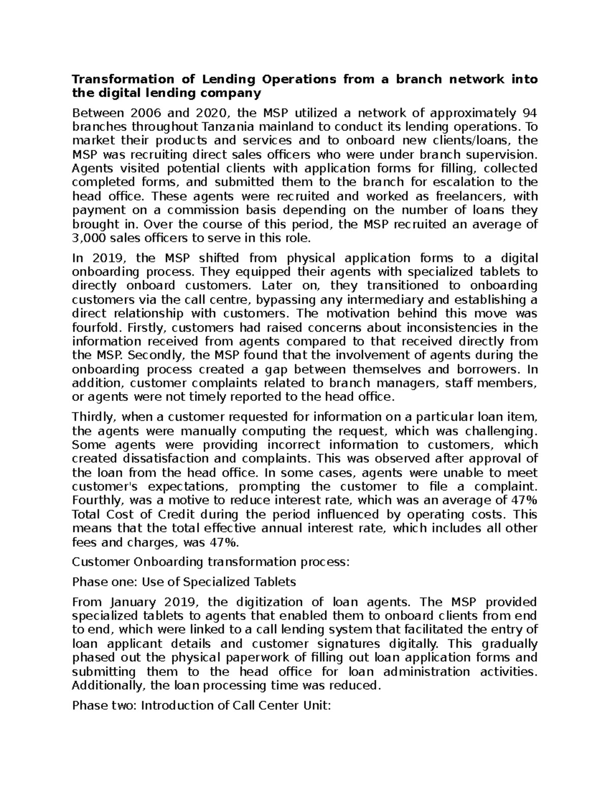 Transformation of Lending Operations from a branch network into the ...