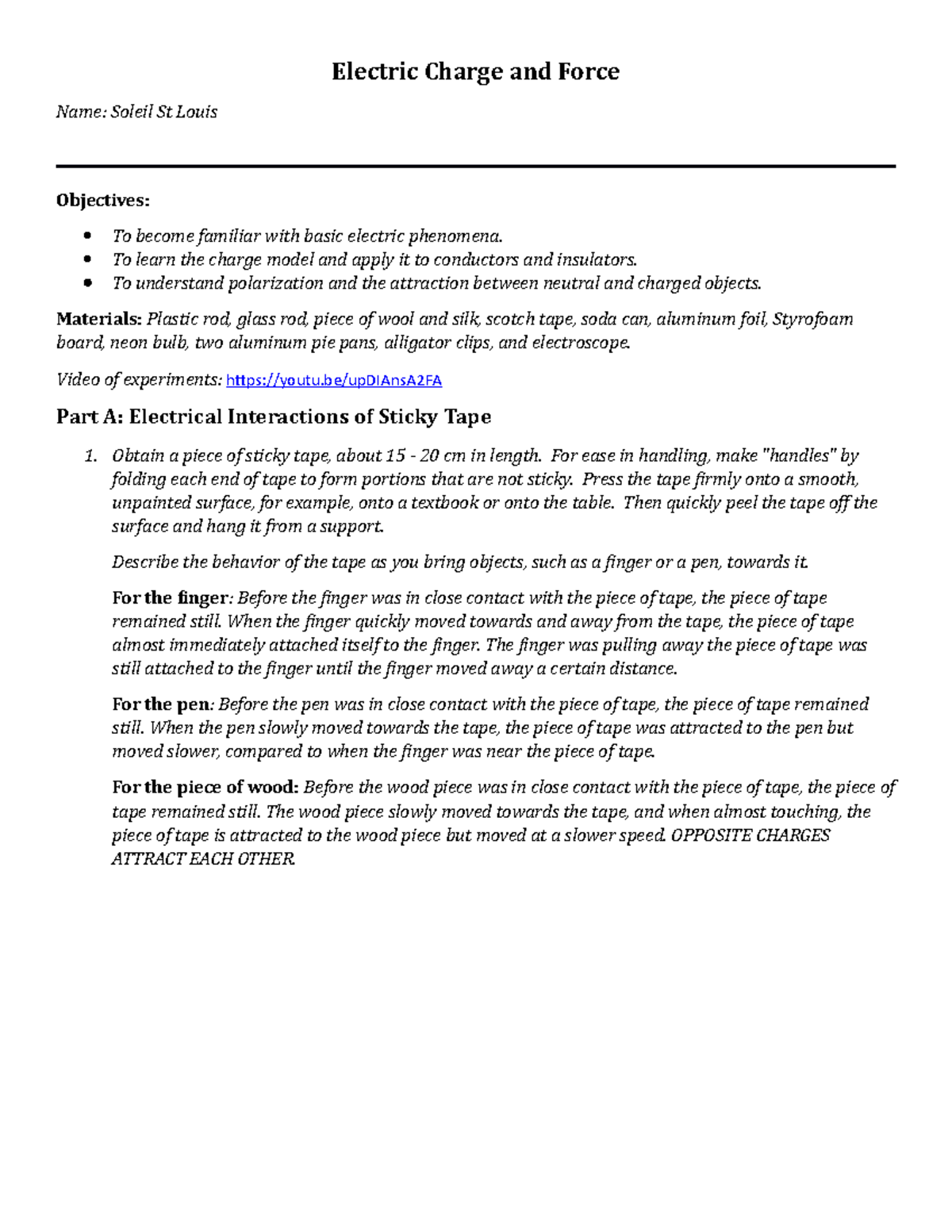 Lab2 electricchargeandforce - Electric Charge and Force Name: Soleil St ...
