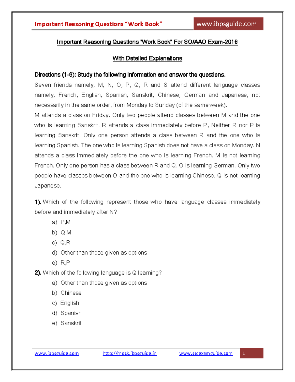Important Reasoning Questions “Work Book” For IBPS SO,LIC AAO Exam ...