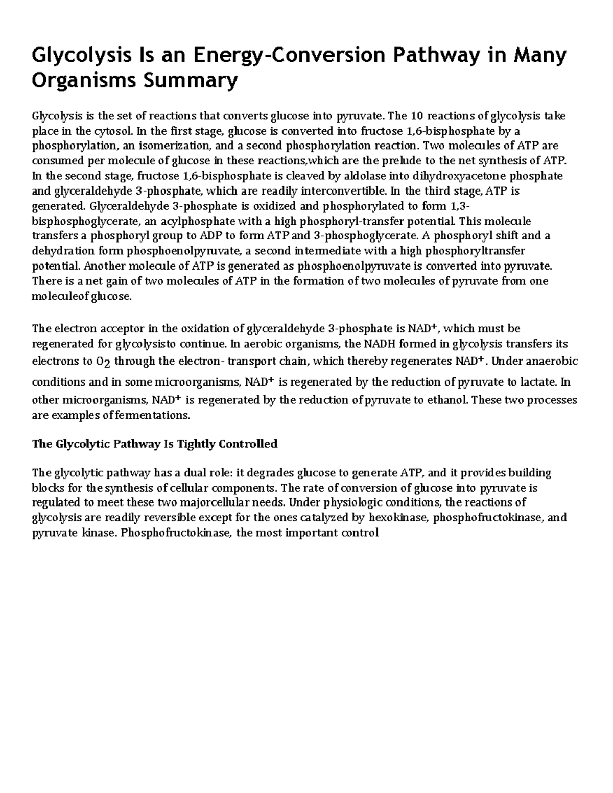 Glycolysis Is an Energy-Conversion Pathway in Many Organisms Summary ...