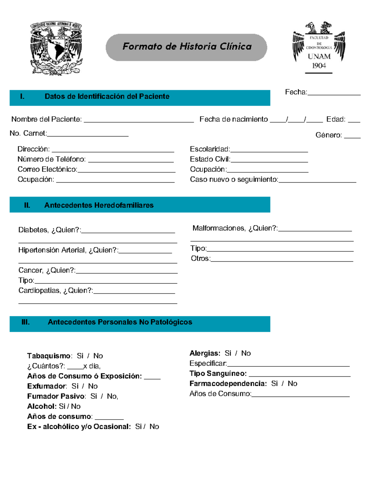 Formato Historia Clínica - Datos de Identificación del Paciente Nombre ...