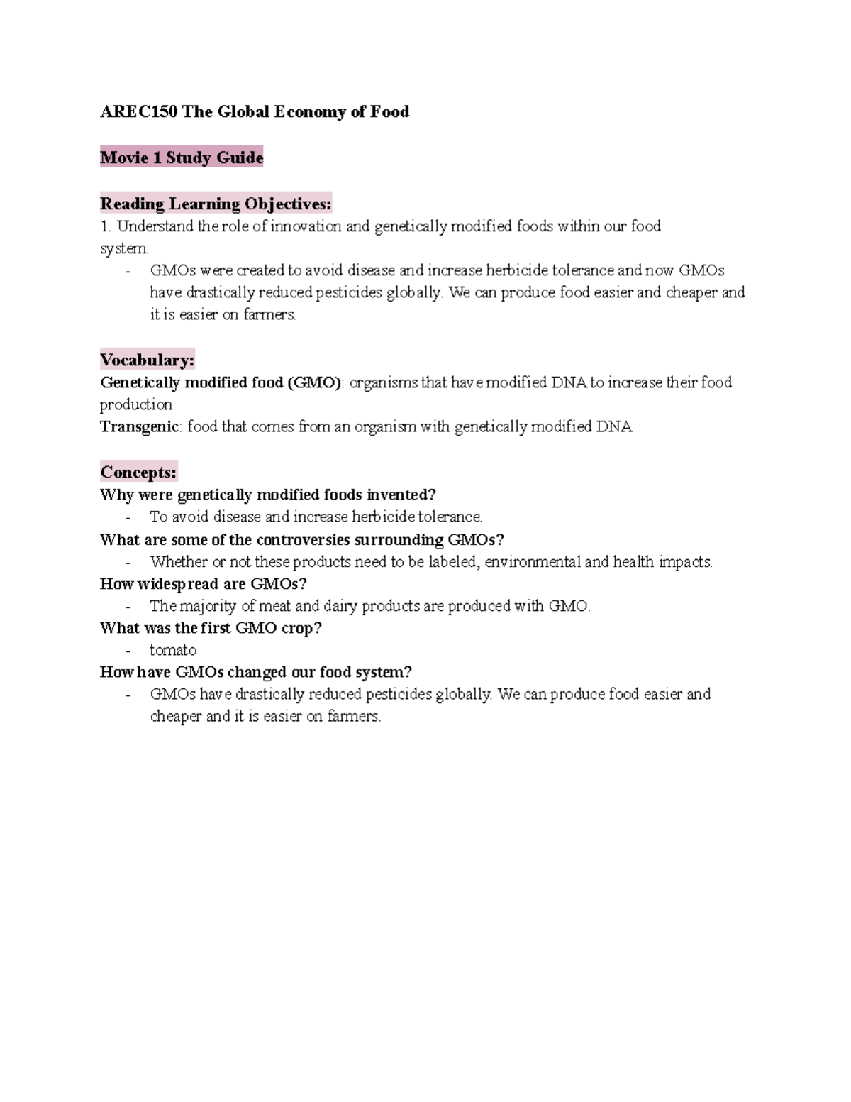 Module 3 Movie 1 Study Guide - AREC150 The Global Economy of Food Movie ...