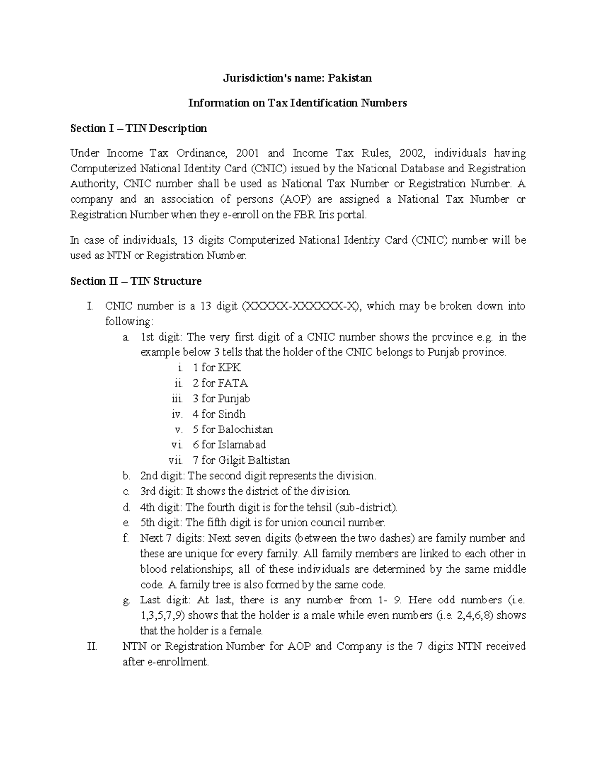 Pakistan TIN Thanks Jurisdiction s Name Pakistan Information On