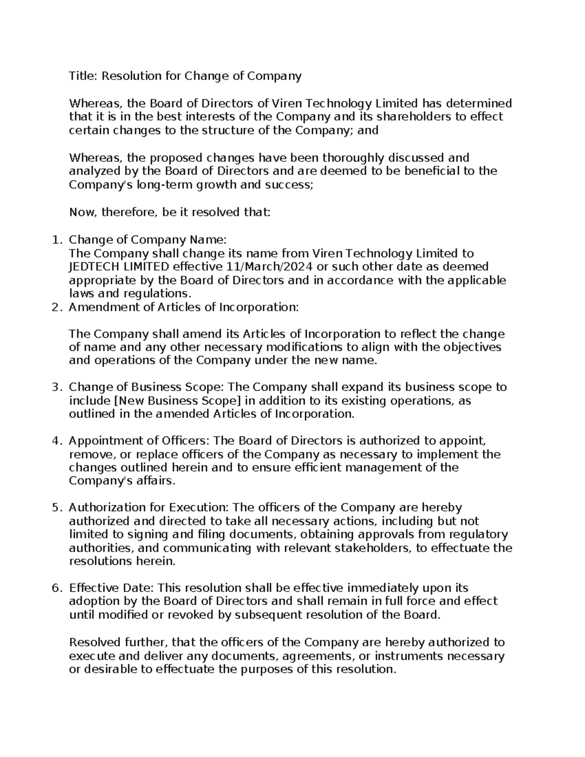 Name change resolution - Title: Resolution for Change of Company ...