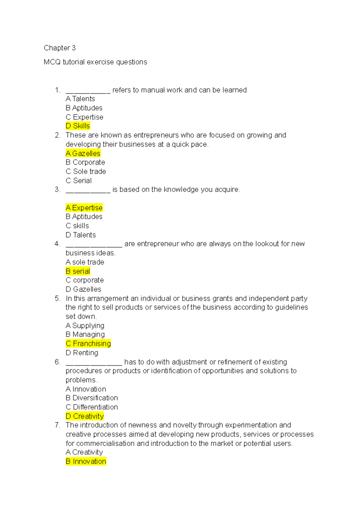 Chapter 3 Bma-2 - Study materials - Chapter 3 MCQ tutorial exercise ...